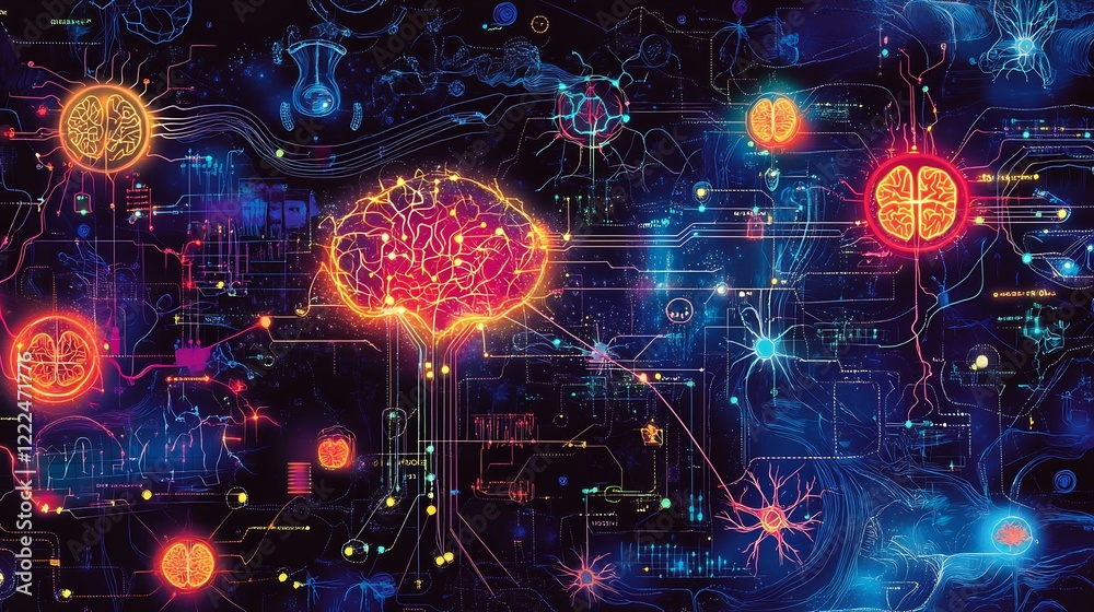 Neural Roadmaps Glowing symbols vibrant diagrams chart the mental ...