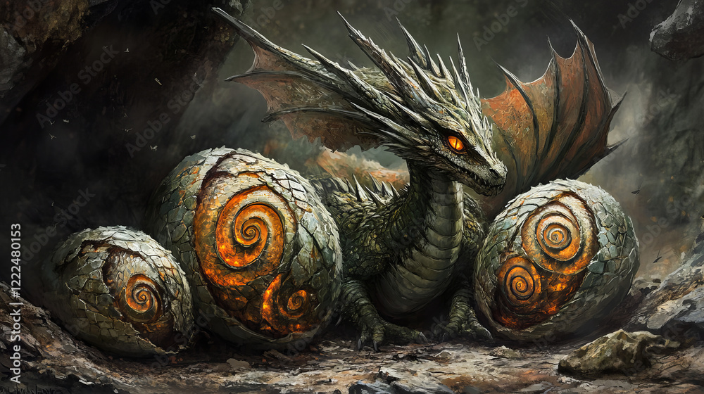 Fantasy dragon eggs in different steps of break with cracks and shell ...