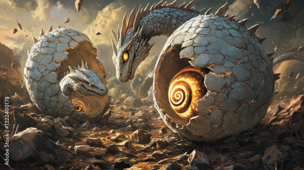 Fantasy dragon eggs in different steps of break with cracks and shell ...