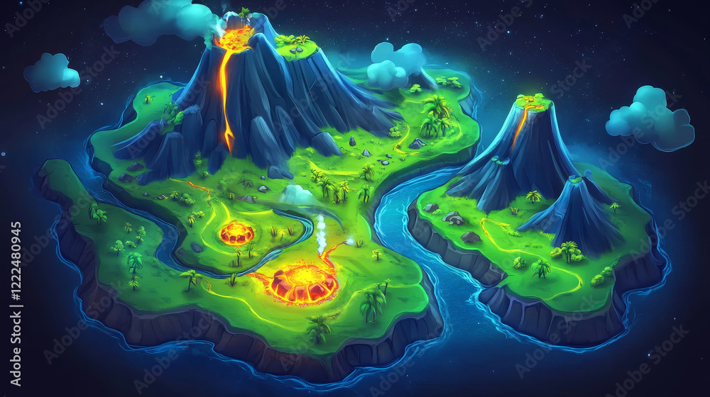Volcano island map for game level navigation. Vector cartoon ...