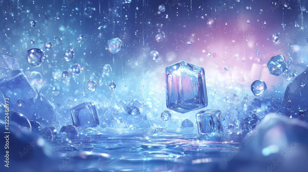 Water splashes with ice cubes set. Dynamic motion of pure liquid with ...