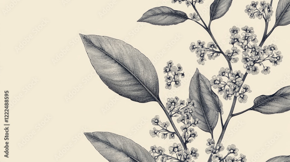 Detailed botanical illustration of a plant with leaves and clusters of ...