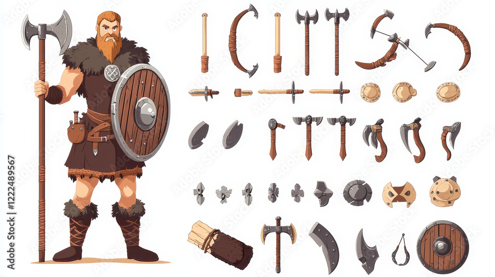 Game weapon icons and viking character jump and die cycle sequence ...