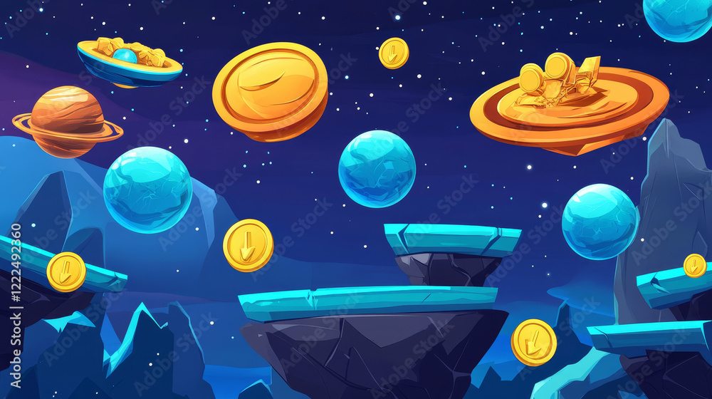Space game level background with platforms and flying spaceship. Vector cartoon illustration of ...