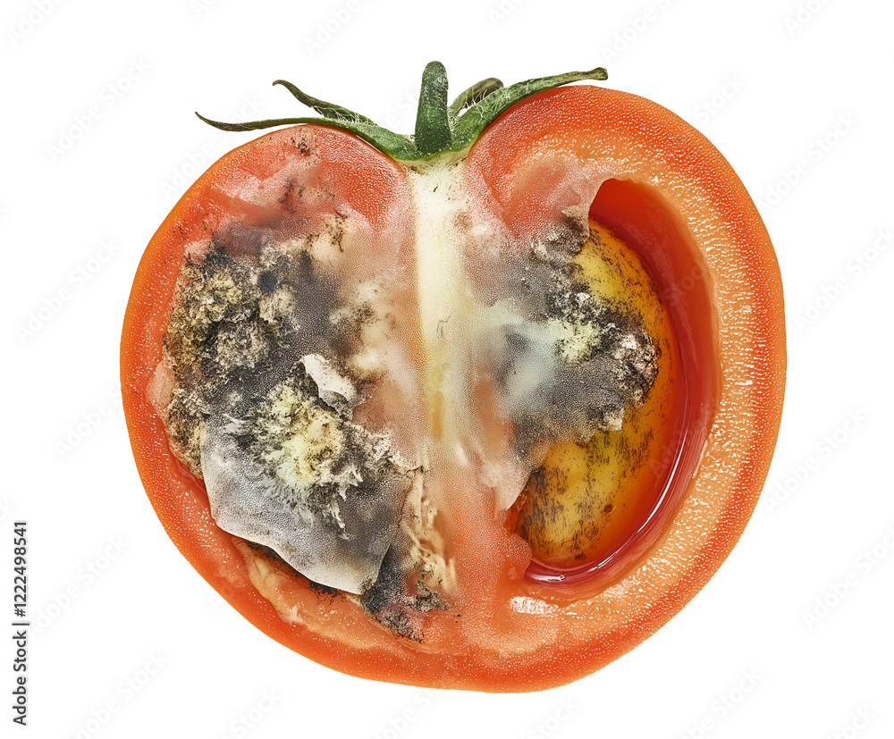 rotten tomato half with mold and decayed texture isolated on background ...