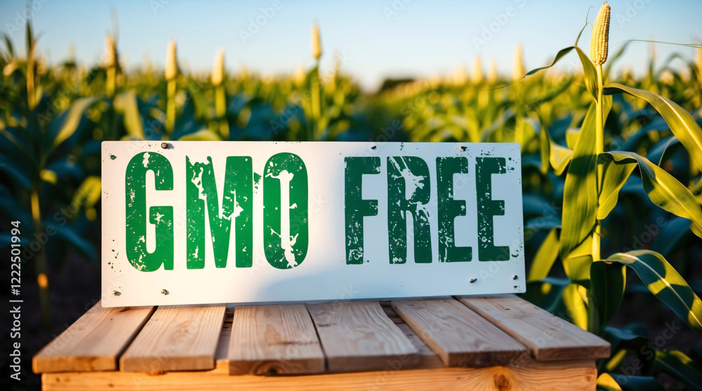 Green GMO free sign on agricultural corn field. Non GMO corn, organic healthy food production ...