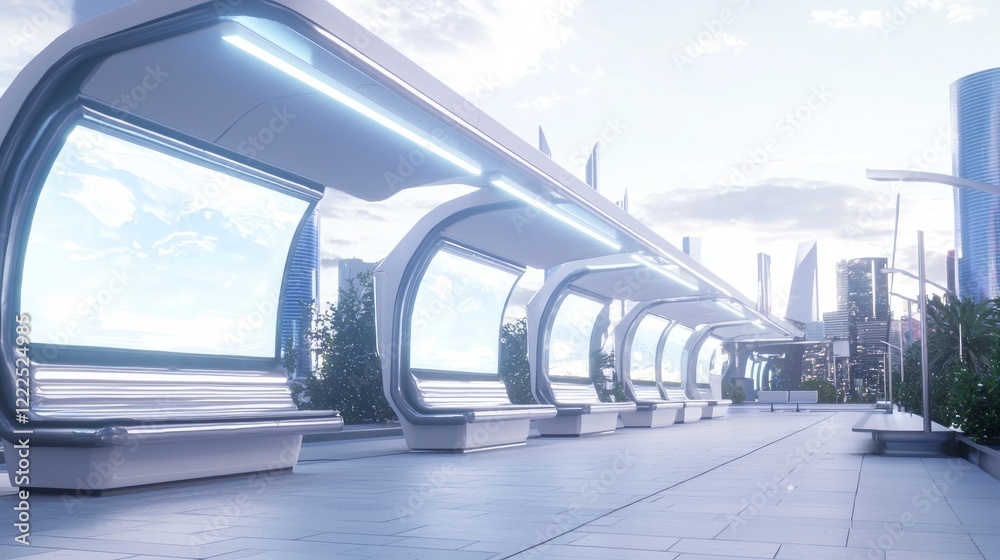 Retro-Futuristic City Bus Stop with Mid-Century Benches and Geometric ...
