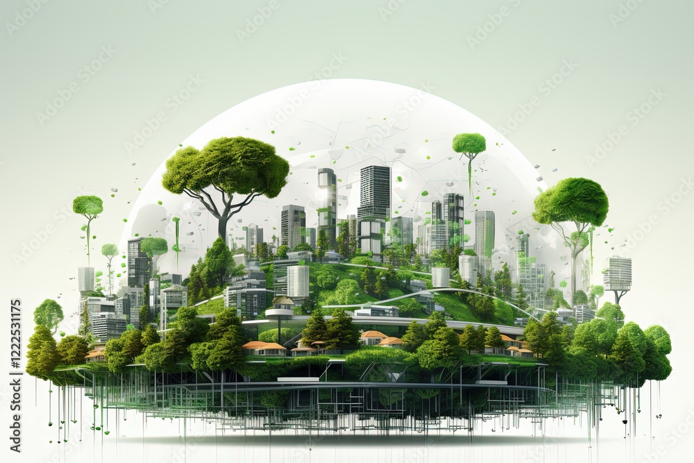 Green eco smart city illustration, futuristic town in blue, white and ...