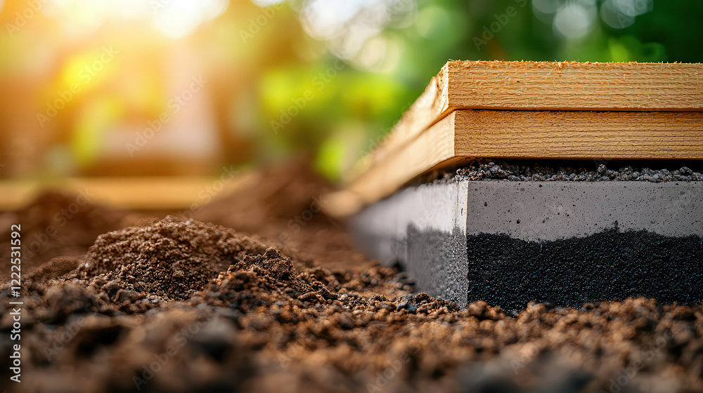 Foundation of house with wooden beams and concrete base on soil ...