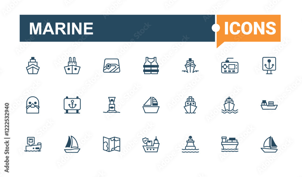 Marine icons set. Containing wave, logistic, water, radar, wheel ...