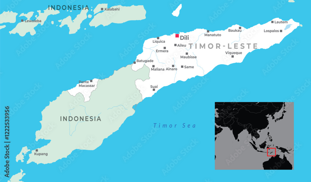 Timor-Leste map with capital Dili, borders, landmarks, and major cities ...