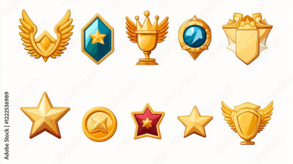 Game level icons, medals, stars, ui badges with wings, laurel and ...