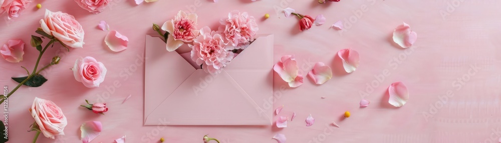 pink paper envelope on pink wallpaper and flay lay flower branch petal ...