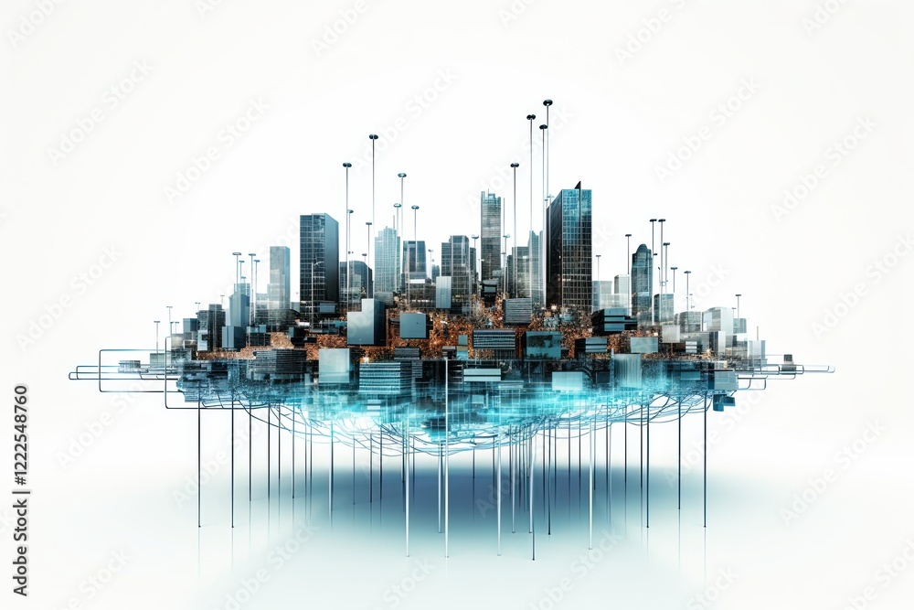 Smart and technological city illustration, futuristic town in blue and ...