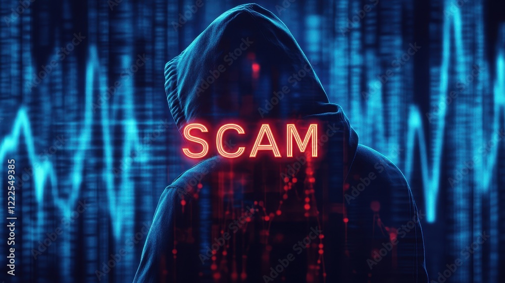 Mysterious hooded figure representing scam awareness urban setting ...