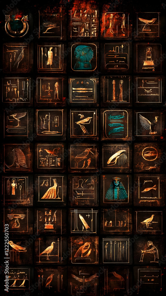 Ancient Egyptian Hieroglyphs Depict Gods, Birds, and Symbols on Dark ...