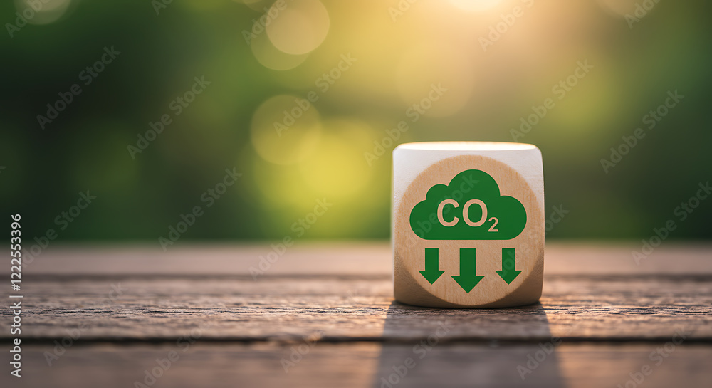 Carbon Dioxide Reduction Concept: Wooden Cube with CO2 Cloud and Download Arrows, Representing ...