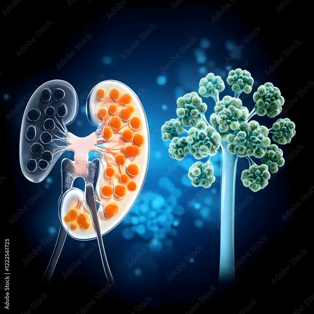 Cross-section of Human Kidney Showing Nephrons and Penicillium Fungus ...