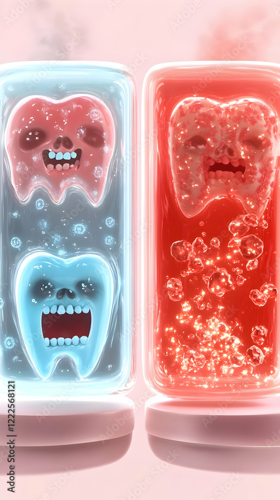 3D Illustration of Healthy and Unhealthy Teeth in Liquid, Showing ...