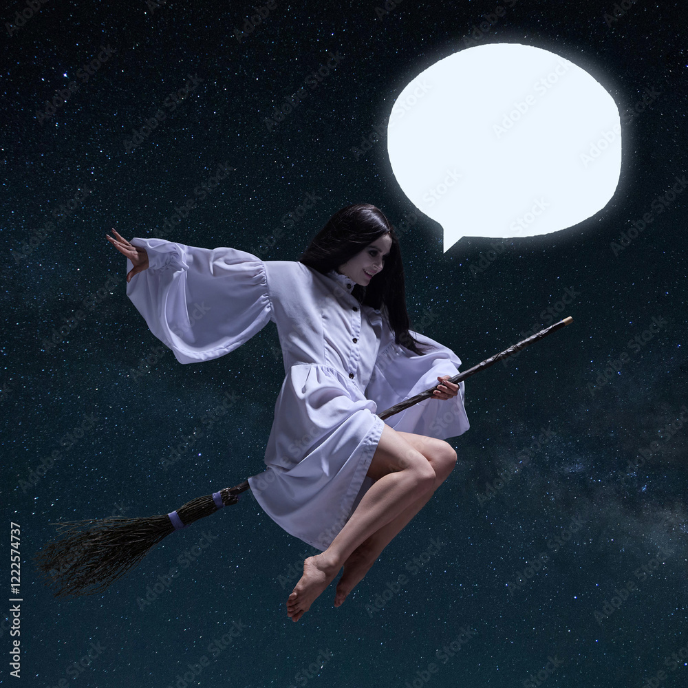 Witch with black hair, in flowing white dress sits on broom and flies ...