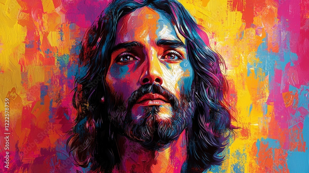 Jesus depicted in a colorful, Pop Art-inspired style, with bold ...