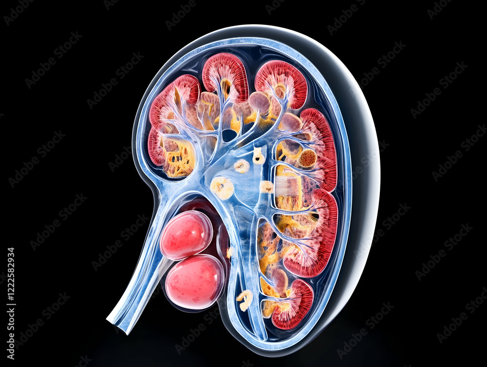 Cross Section of Internal Kidney Structure Shows Detailed Anatomy on ...