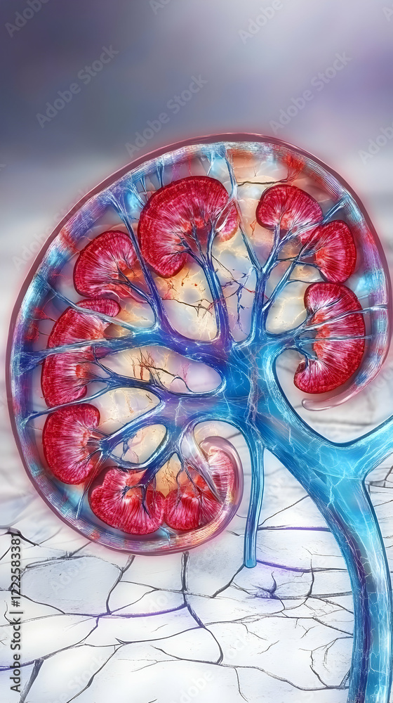 Cross-section of a kidney shows the renal pyramids, cortex, and medulla ...