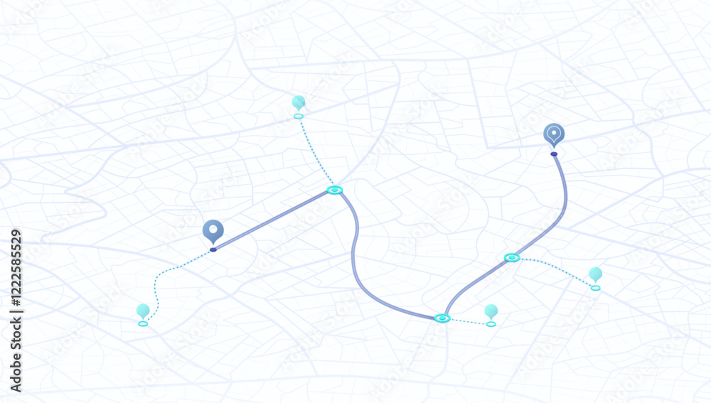 Location tracker dashboard with arrive route. City street road with ...