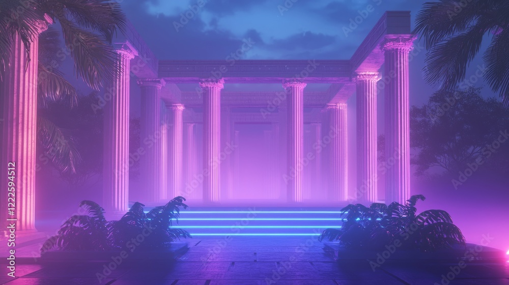 Vibrant Outdoor Festival Stage with Greek Doric Pillars and Neon ...