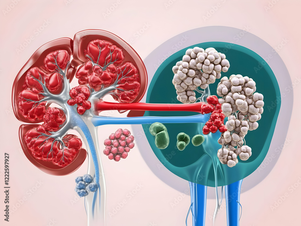 Kidney Anatomy Shows Nephrons, Blood Vessels, and Cancerous Growths ...