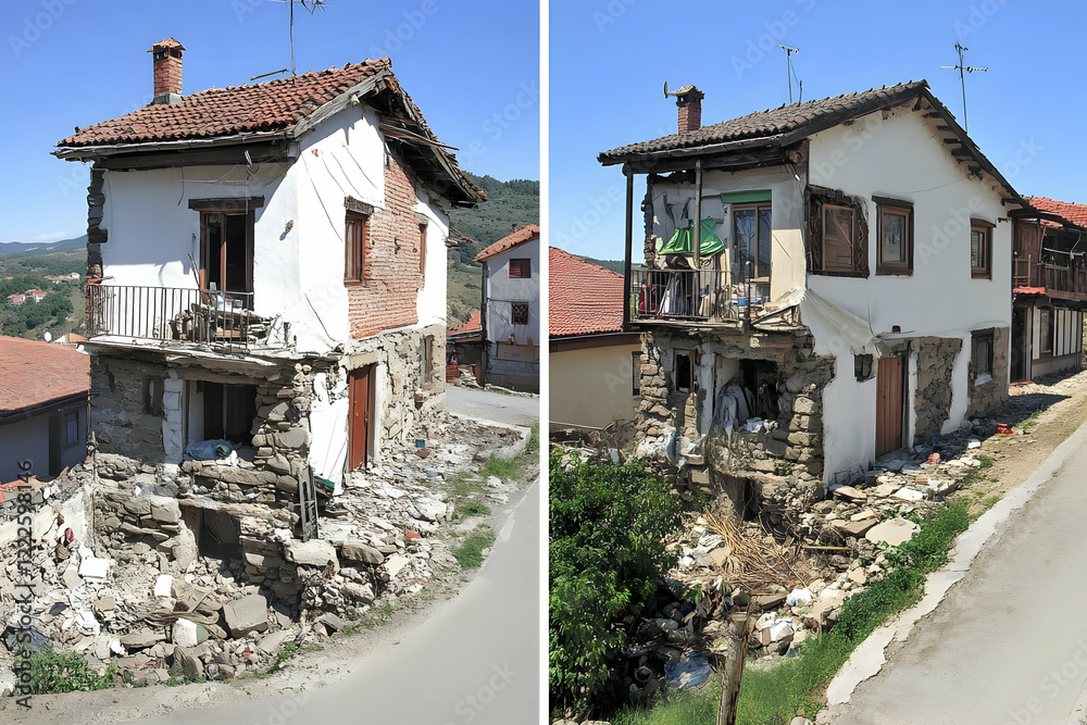 Damaged White House with Exposed Stone and Brick Sections Shows Decay ...
