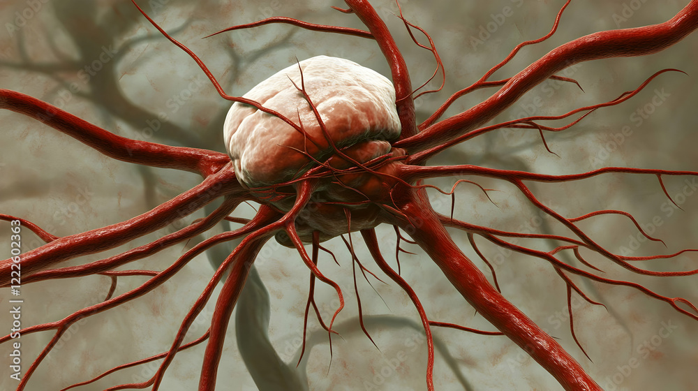 Ilustración de Stock Tumor entangled with blood vessels vividly depicts ...