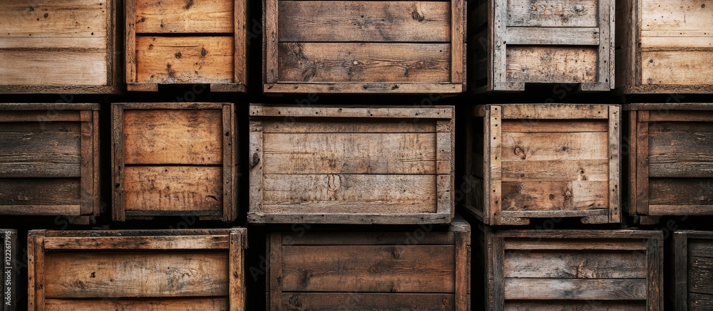 Wooden shipping crates stacked tightly against a dark background ...