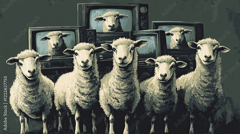 Ilustración de Stock Symbolic art of sheep watching TV screens ...