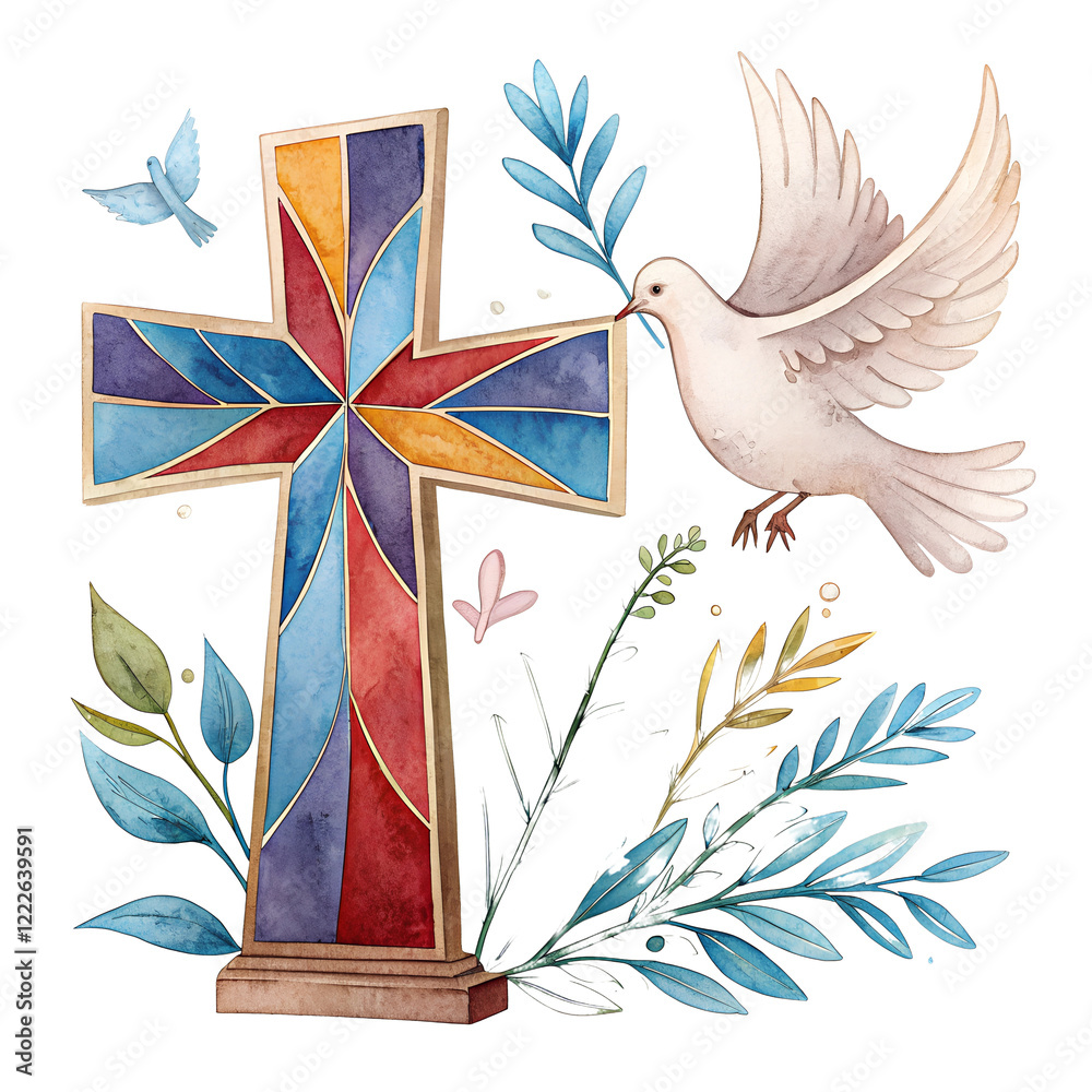 colorful watercolor christian cross with dove on white or transparent ...