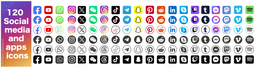 Modern social media icons collection with rounded corners. Popular app ...