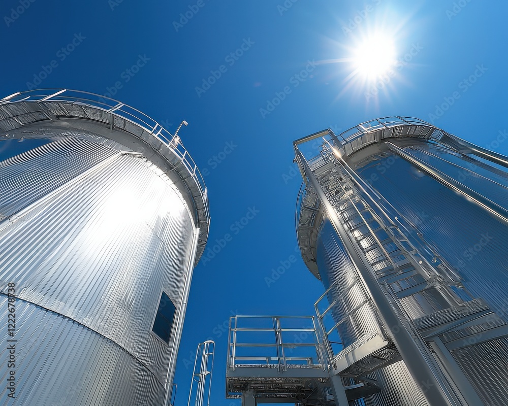 Low angle of an industrial complex with visible rainwater collection ...