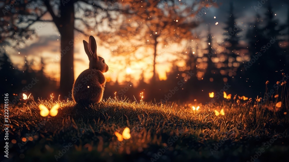 Rabbit standing on a glowing hill with a panoramic view of its ...