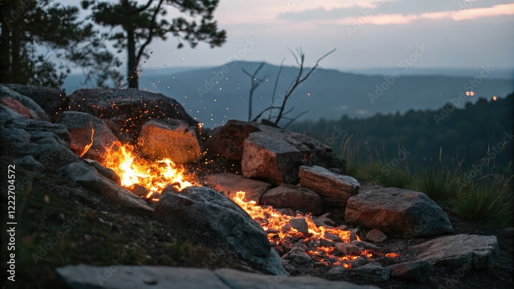 Glowing embers of a dying fire in a rocky outcropping, natural wonder ...