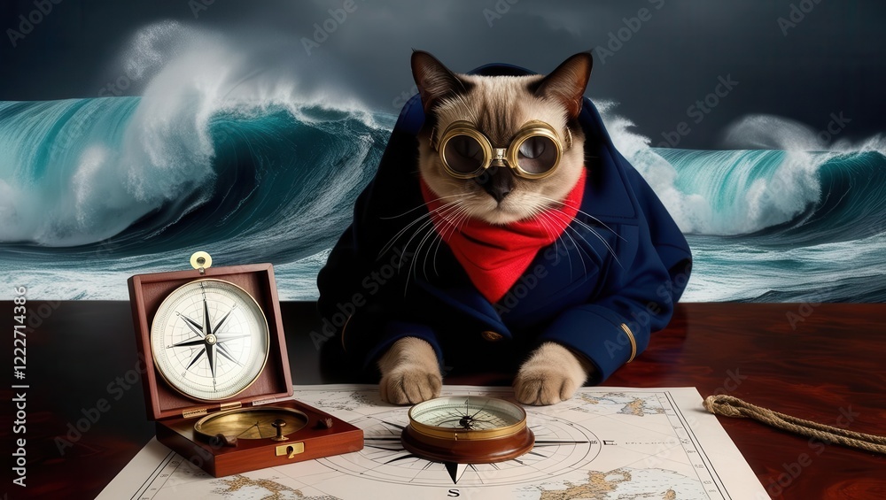 Adventurous cat navigating stormy seas coastal map exploration ...