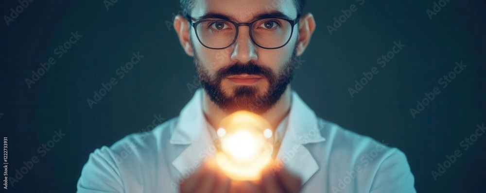 Genius scientist holding a breakthrough invention, glowing with ...