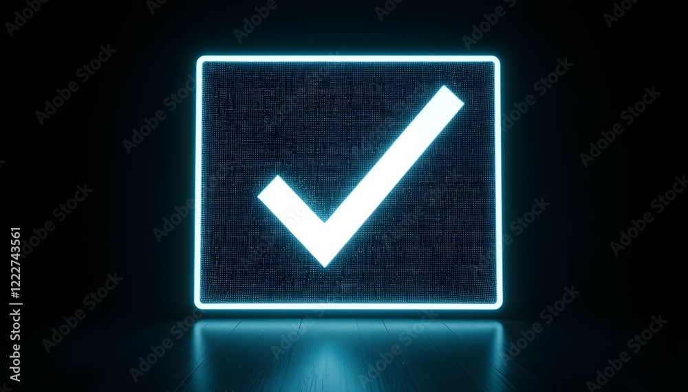 Glowing blue checkmark or right symbol on square box illuminates a dark ...