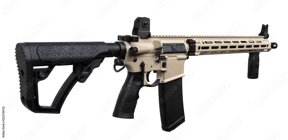A modern semi-automatic rifle with a tan and black color scheme ...