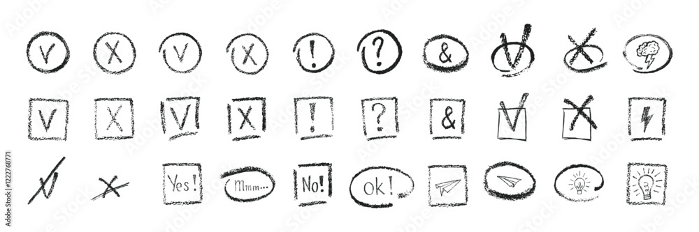 Hand drawn grunge texture tick, mark, checkboxes, correct or wrong ...