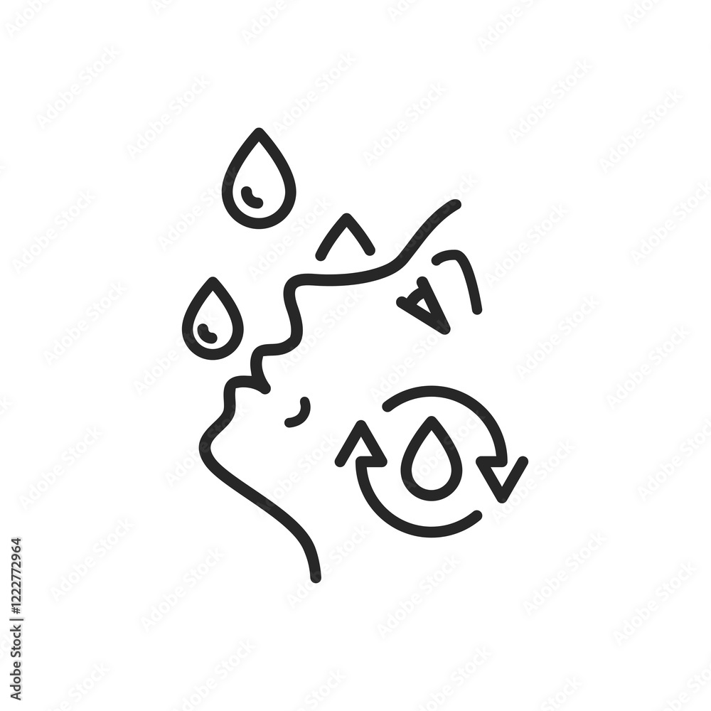 Line drawing of a face with water droplets falling, and a circular ...