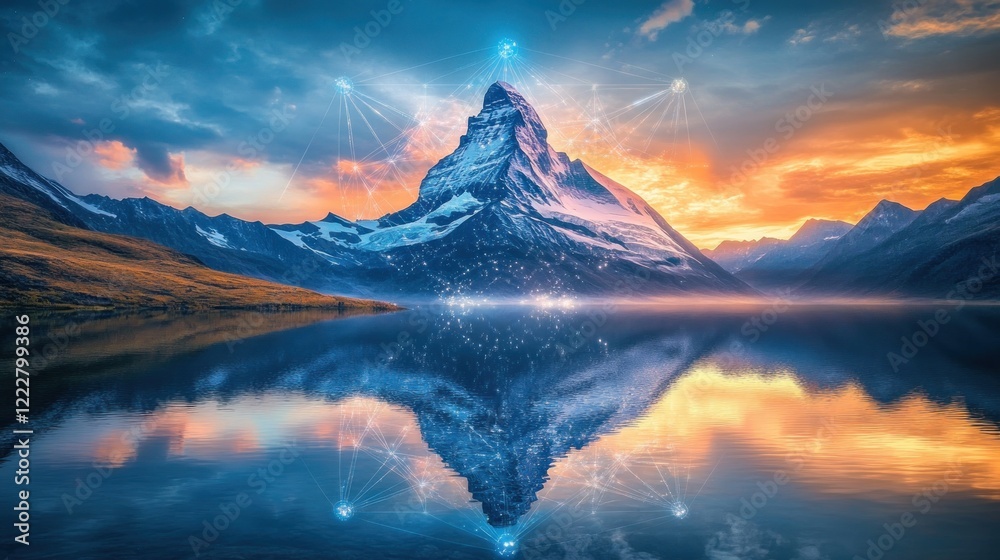 Majestic Mountain Peak Sunrise Network Connection Stock Illustration ...