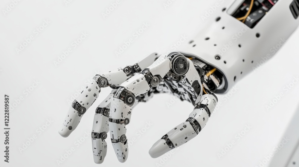 A detailed close-up of a humanoid robot’s forearm with integrated ...