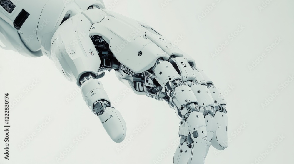 A detailed close-up of a humanoid robot’s forearm with integrated ...