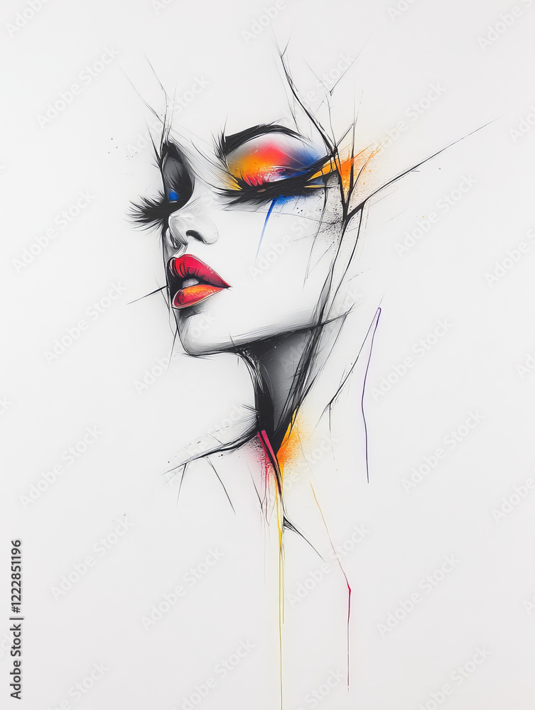 Stylized female portrait with vibrant lips and colorful accents created ...