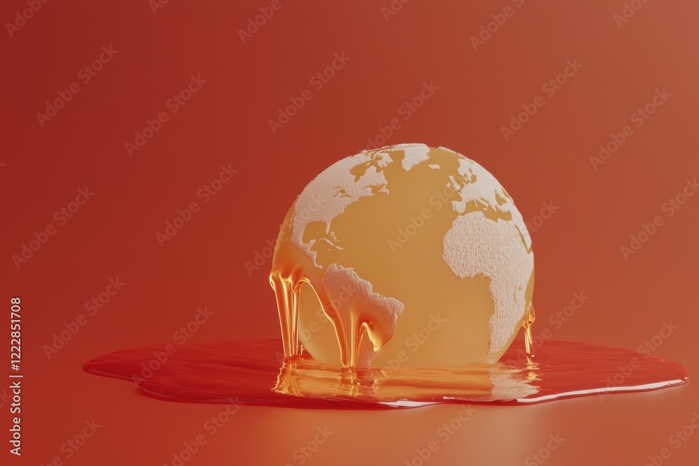 An abstract 3D globe with parts melting like wax, surrounded by glowing ...